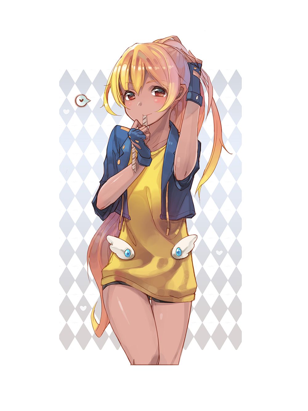 Tags Blonde Hair Brown Eyes Dark Skin Eating Gloves Jacket Long Hair Shorts