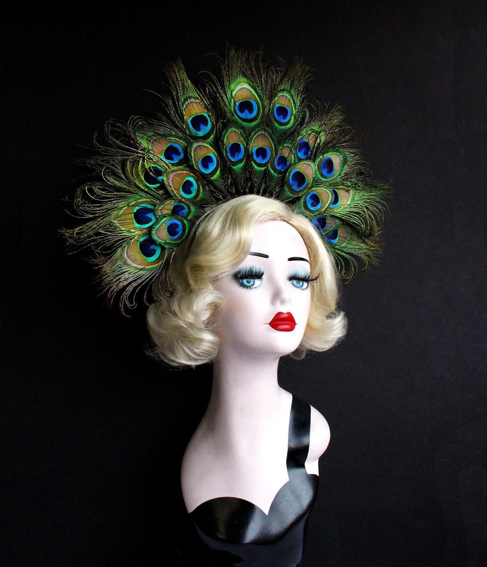 Peacock Feather Crown Headband Showgirl Headdress Burlesque Costume Festival Wear Art Deco