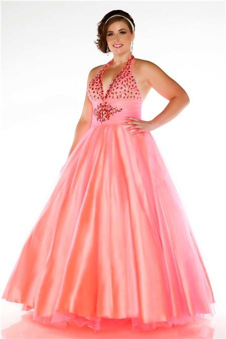 Ball Gown Halter Candy Pink Tulle Beaded Plus Size Party Prom Dress Plus Size Homecoming