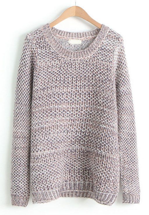 Coffee Round Neck Long Sleeve Loose Knit Sweater Loose Knit Sweaters