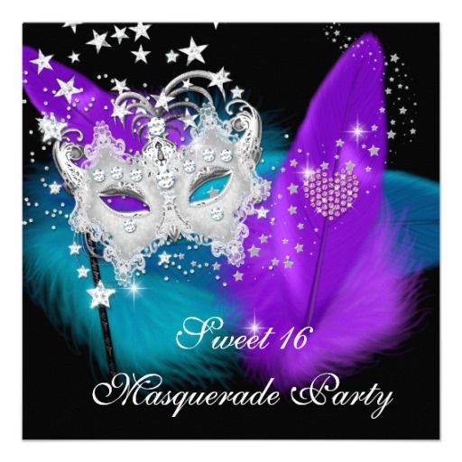 Masquerade Sweet 16 Purple Teal Black Feather Mask Mask Invitations