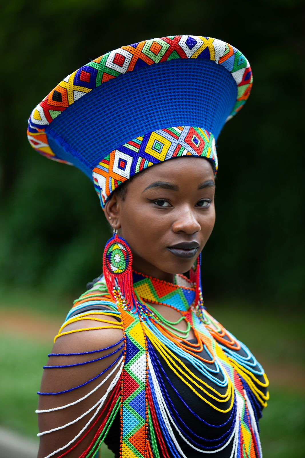 Zulu Wide Basket Hat Blue With Beaded Band Handmade In South Africa