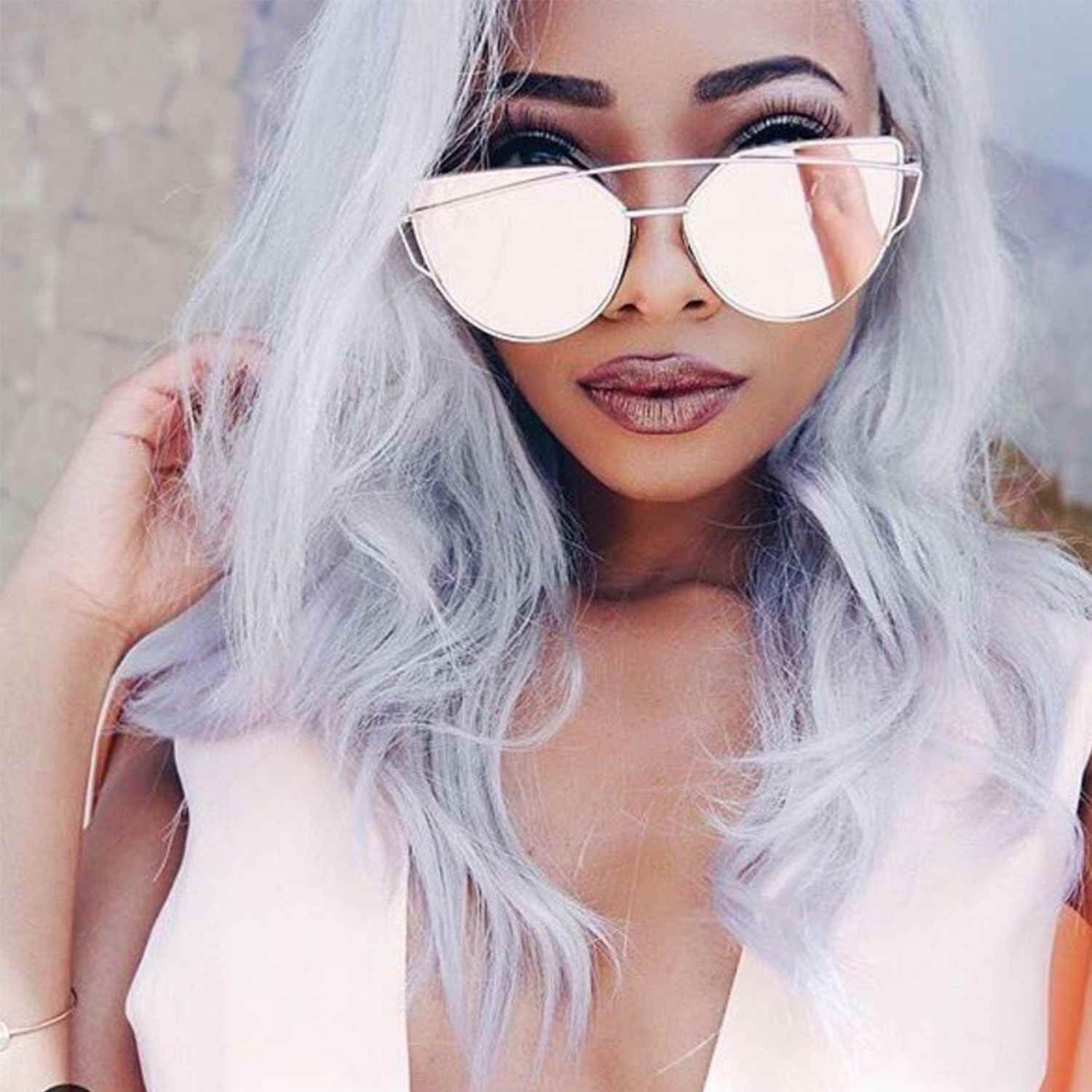 New Oversized Cat Eye Sunglasses Flat Mirrored Lens Metal Frame Women