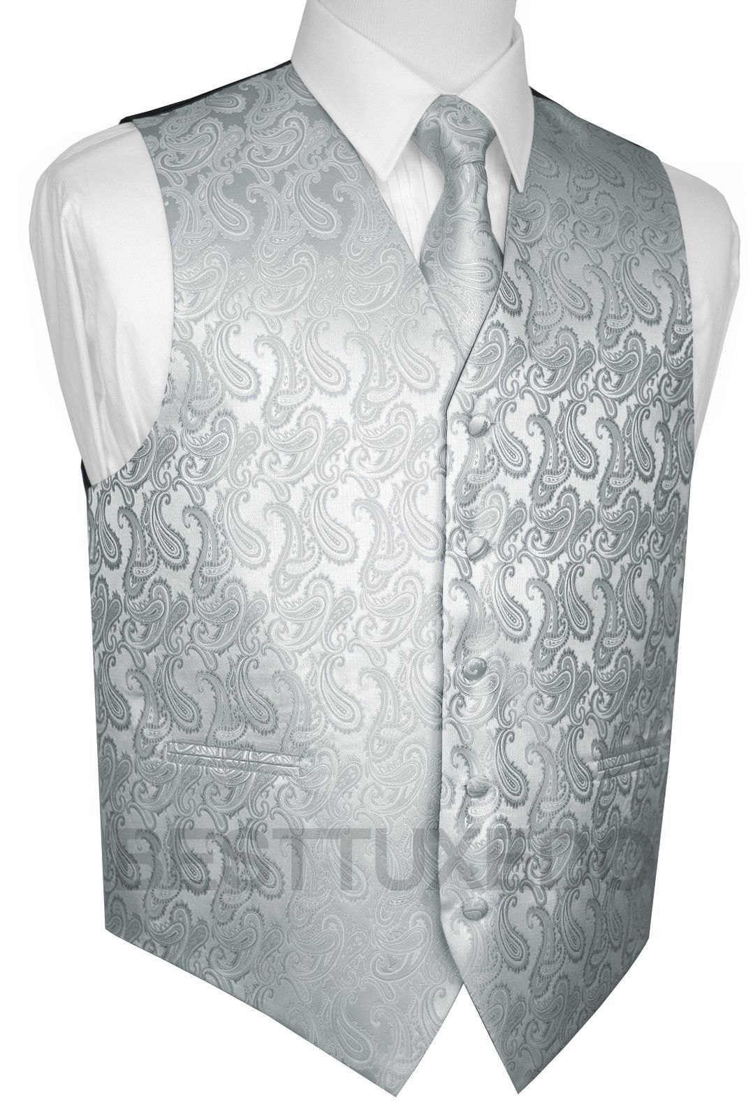 Mens Silver Paisley Tuxedo Vest Tie And Hankie Set Formal Dress