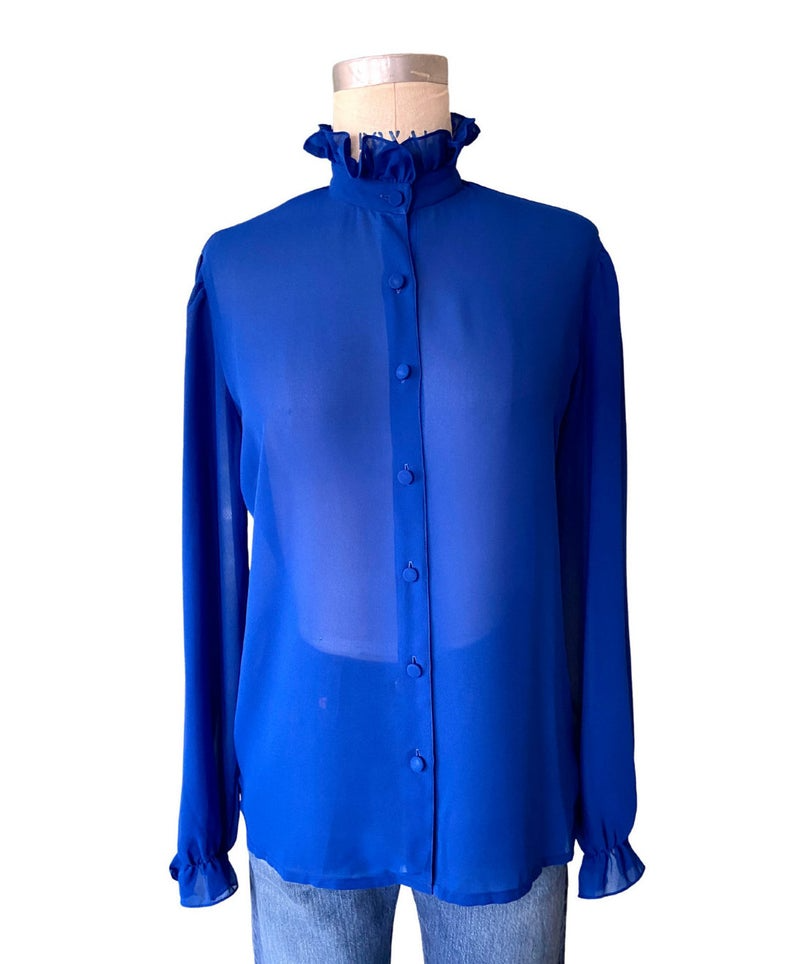 Vintage 1970s Lloyd Williams Sapphire Blue Sheer Blouse Sz 6 Etsy Blue Sheers Sheer Blouse