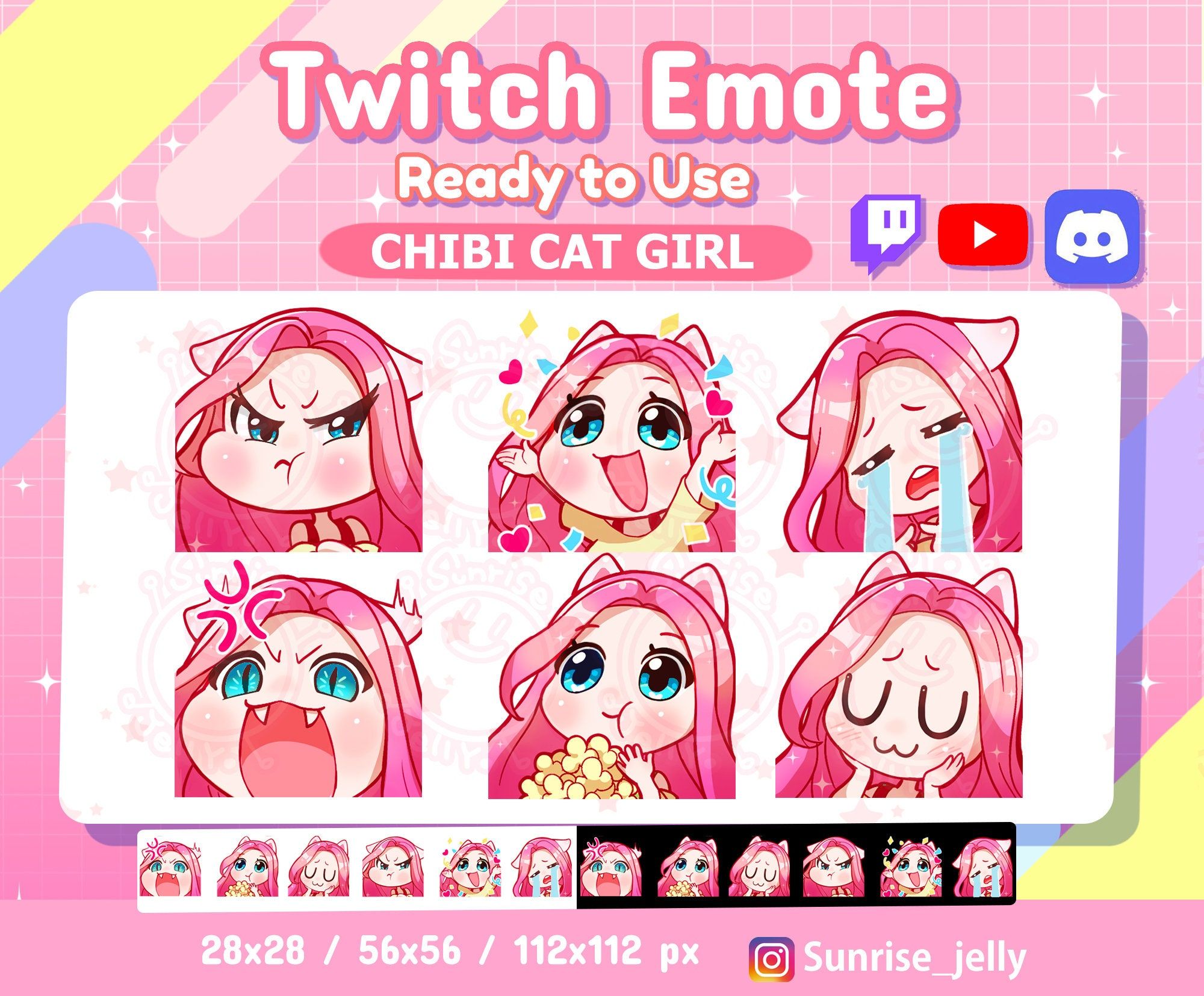 Streamers Twitch Emotes Pack Chibi Girl Black Hair Brown Eyes Emoji Youtube Discord Cat Rainbow