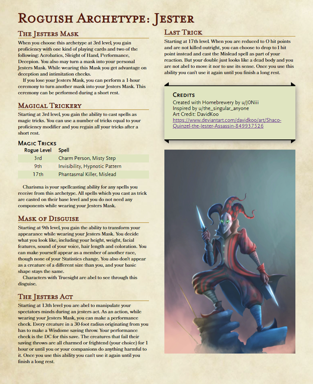 Roguish Archetype Jester Unearthedarcana Dungeons And Dragons Homebrew Dnd Classes