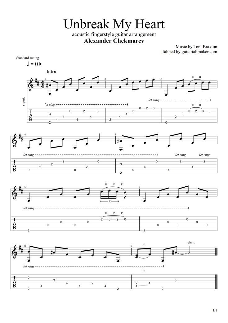 Unbreak My Heart Toni Braxton Fingerstyle Guitar Sheet Tab