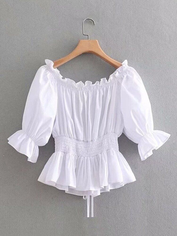 Frill Trim Lace-Up Pep Hem Blouse | Dress making patterns, Women ... Frill Trim Lace-Up Pep Hem Blouse | Dress making patterns, Women ...