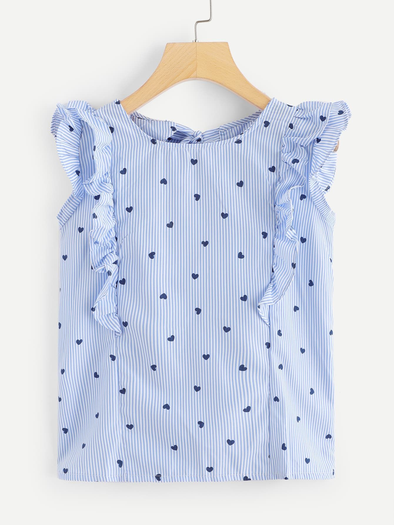 Heart Print Tied Open Back Ruffle Top Tops Applique Blouse Lace