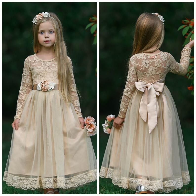 Champagne Flower Girl Dress Girl Lace Dress Country Rustic Flower Girl