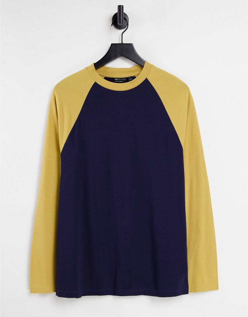Asos Design Long Sleeve Raglan T Shirt In Navy With Mustard Sleeves