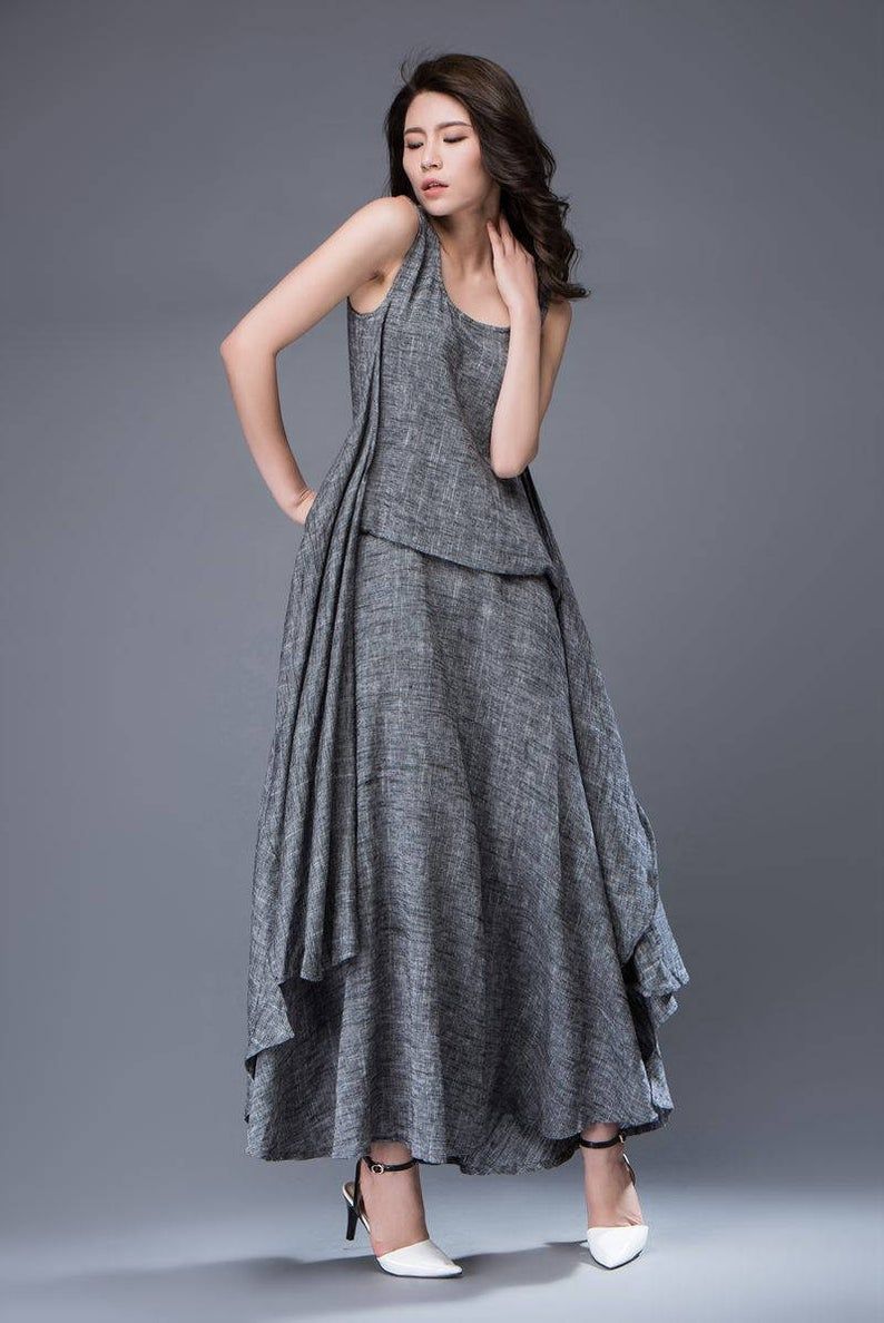 Gray Linen Dress Layered Flowing Elegant Sleeveless Long Etsy Long