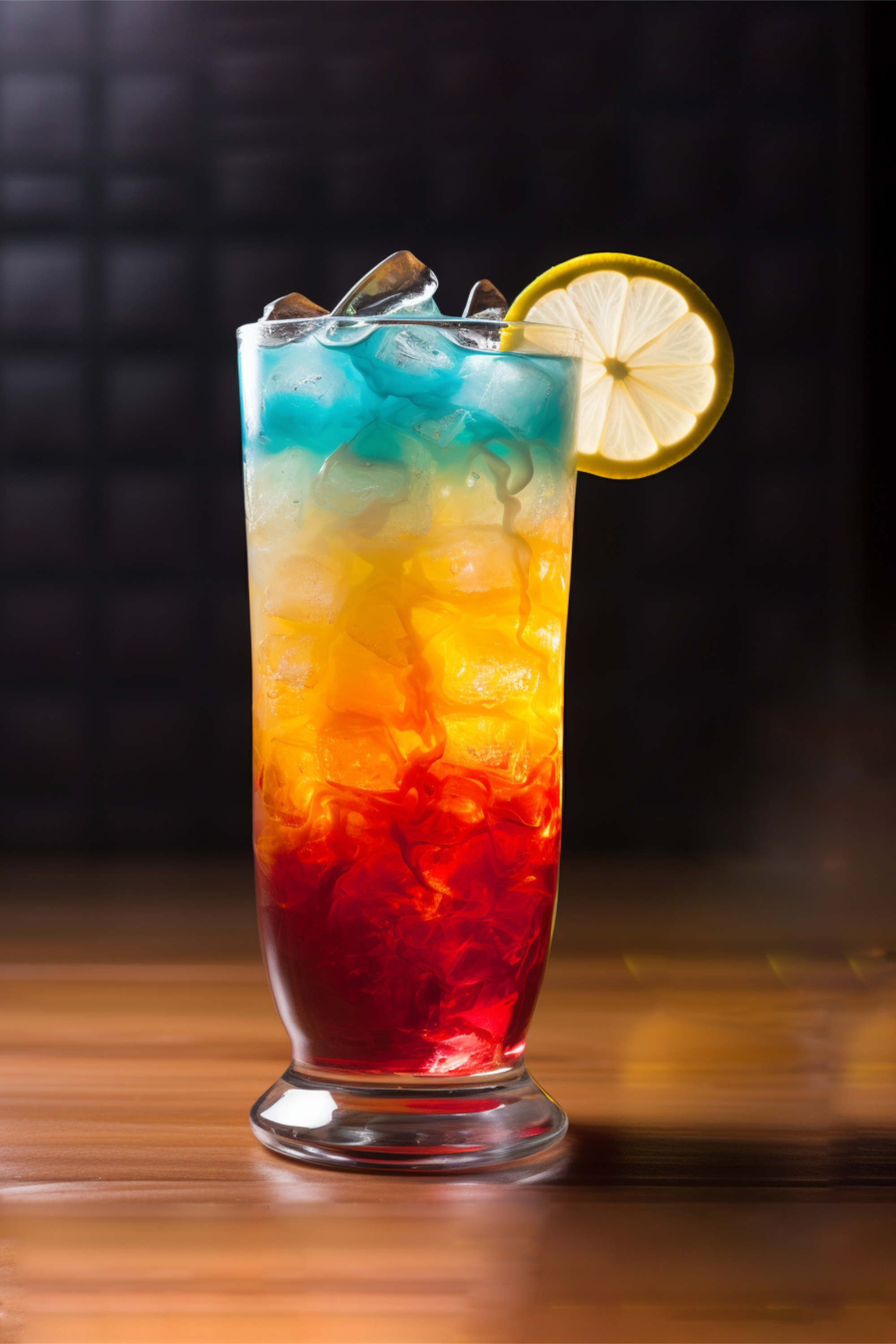 Layered Rainbow Paradise Cocktail On Table Malibu Coconut Pineapple Coconut Coconut Rum
