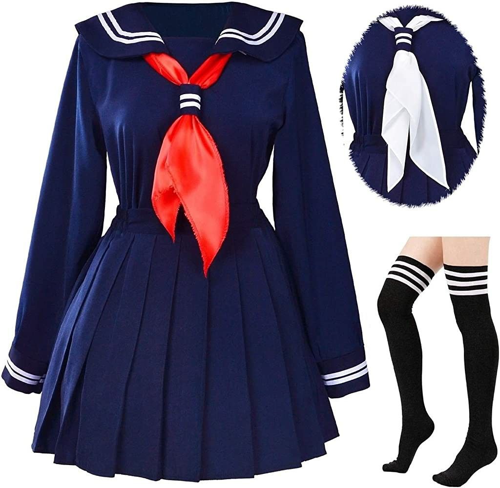 Japanese School Girls Uniform Sailor Navy Blue Pleated Skirt Anime Cosplay Costumes With Socks
