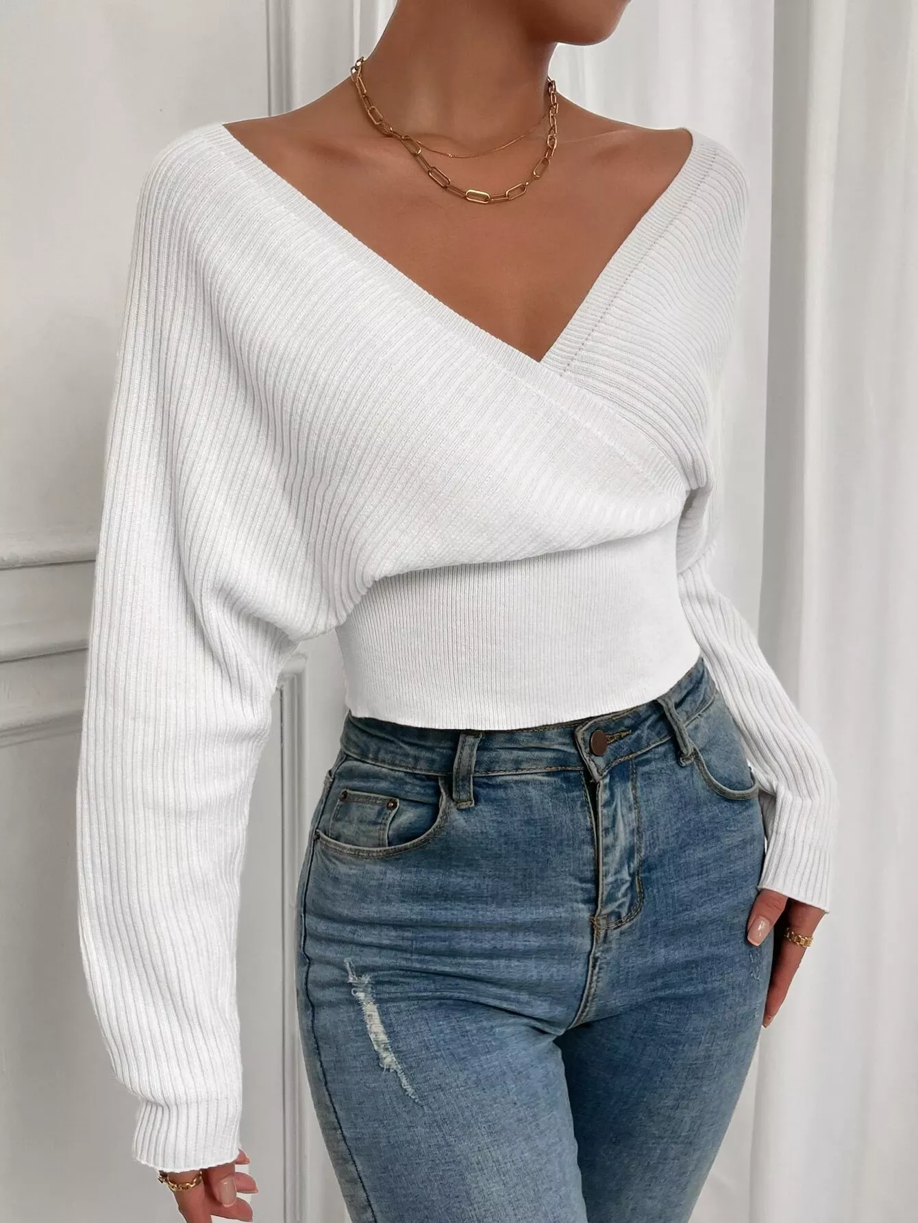 Dolman Sleeve Overlap Collar Cut Out Back Sweater Clothes Fashion