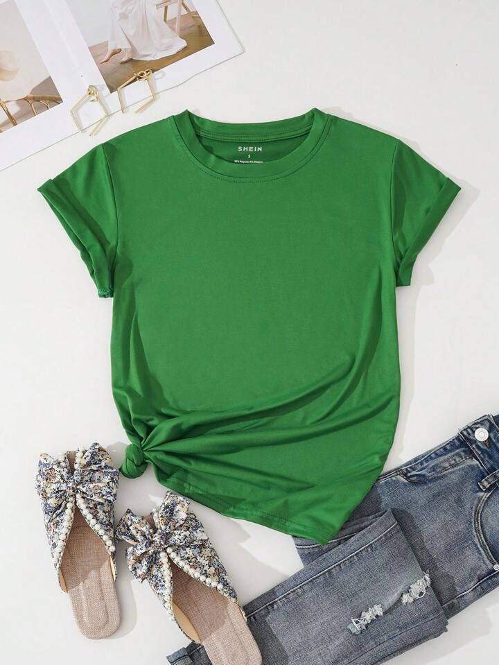 Shein Lune Solid Round Neck Tee Round Neck Tees Clothes For Women