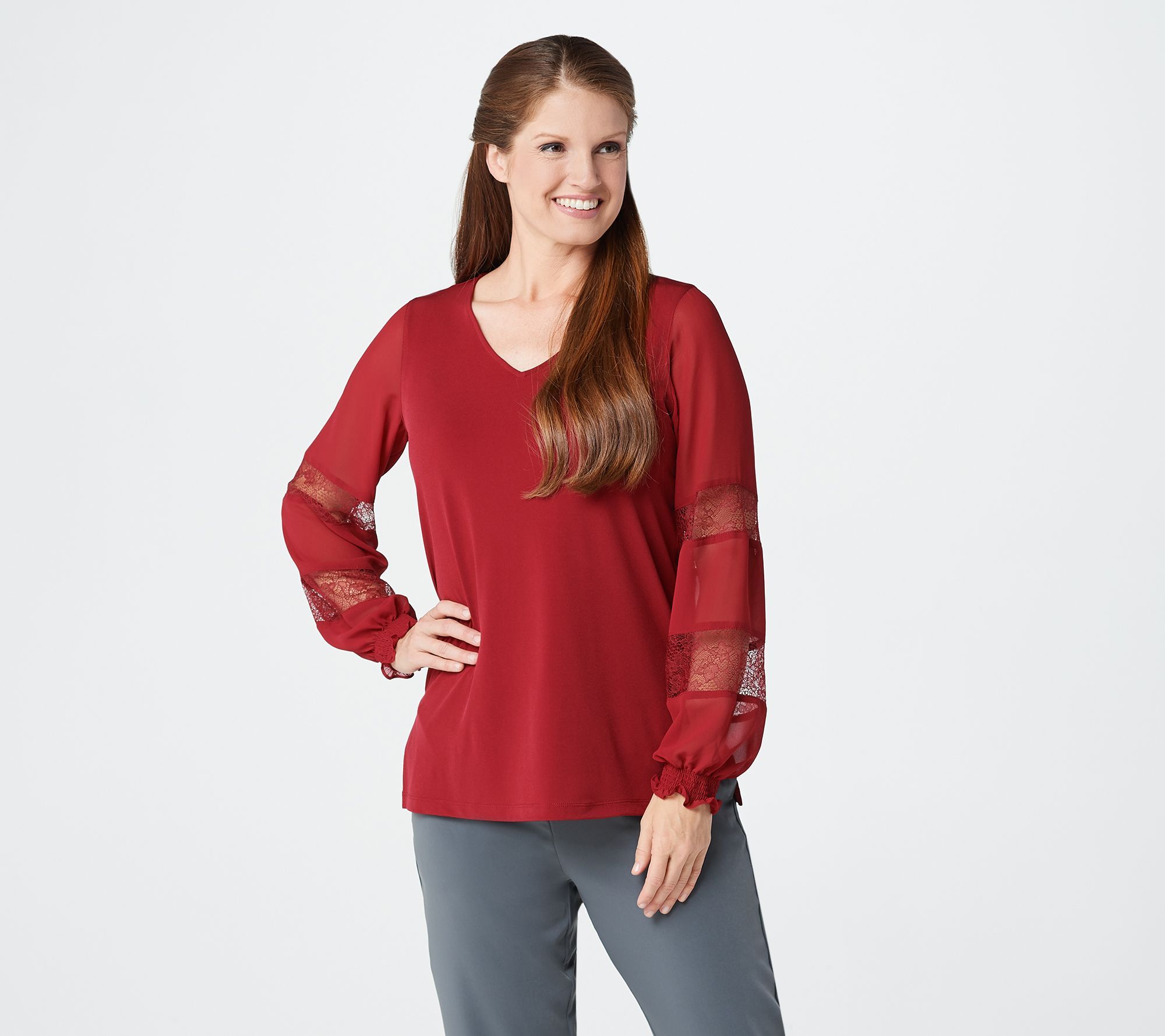Susan Graver Liquid Knit Top With Sheer Chiffon And Lace Sleeves Qvc